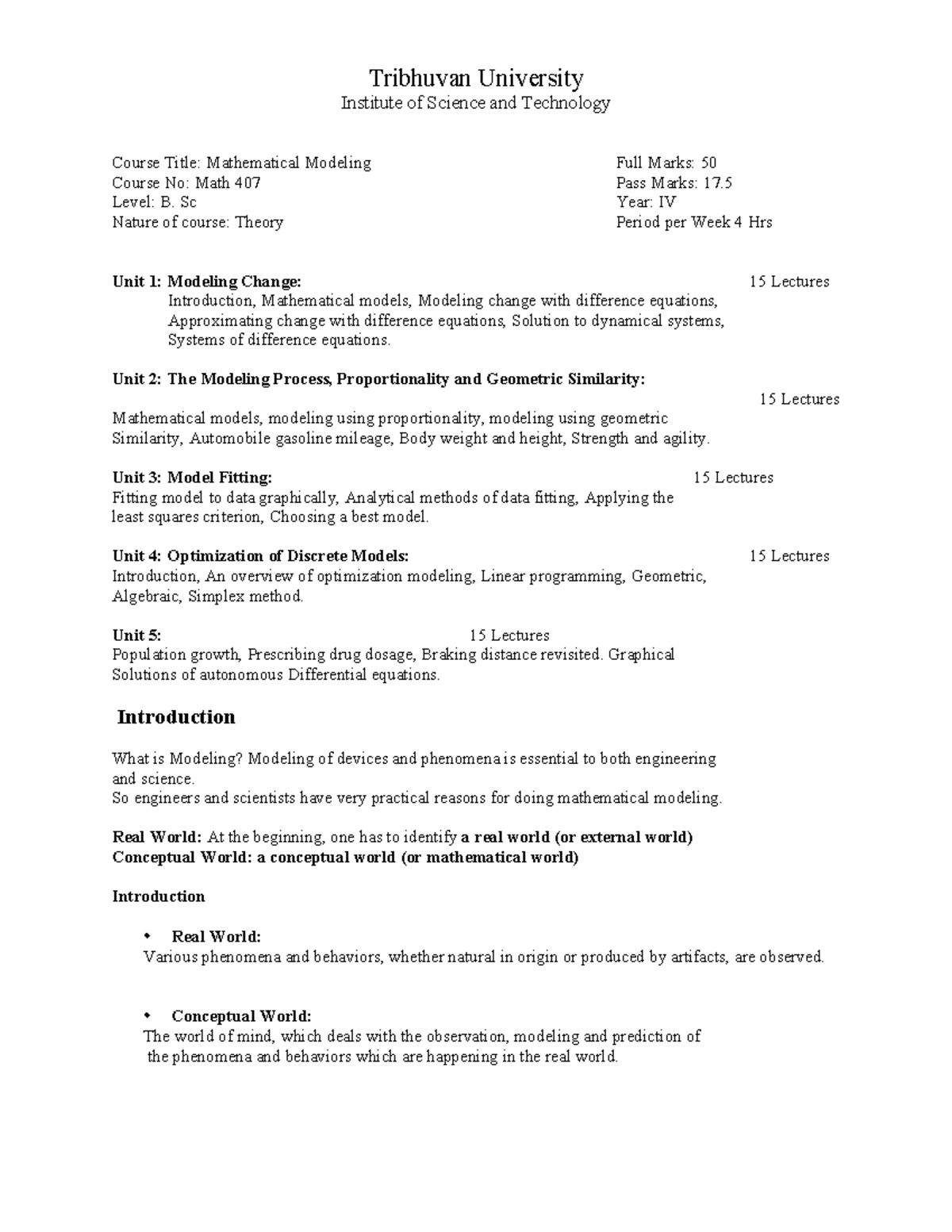 Math 407 Mathematical Modeling Final Tribhuvan University Institute