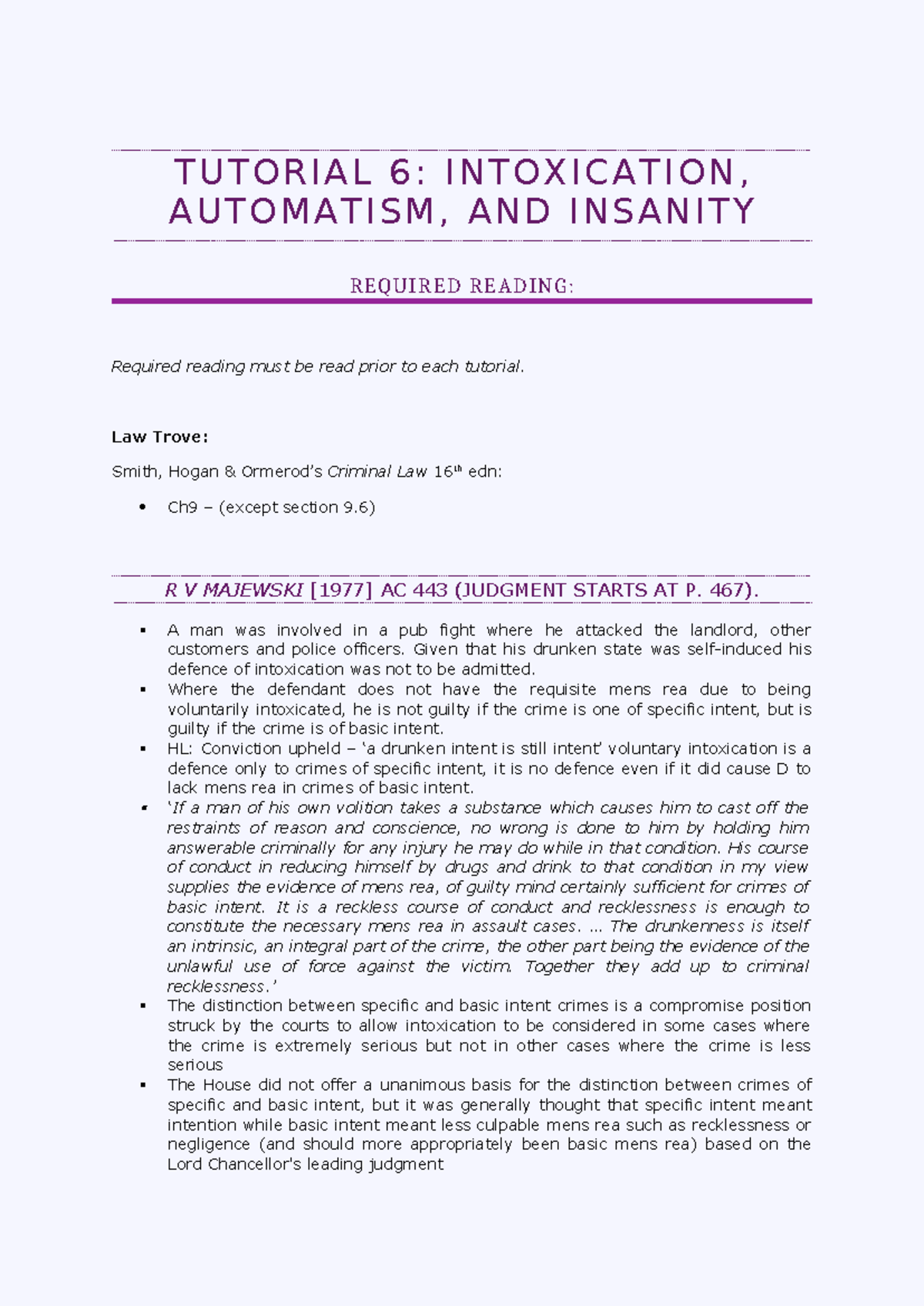 T6 - Intoxication, Automatism, and Insanity - T U T O R I A L 6 : I N T ...