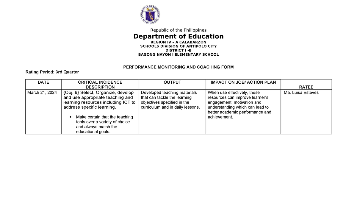 Performance Monitoring AND Coaching FORM - Republic of the Philippines ...
