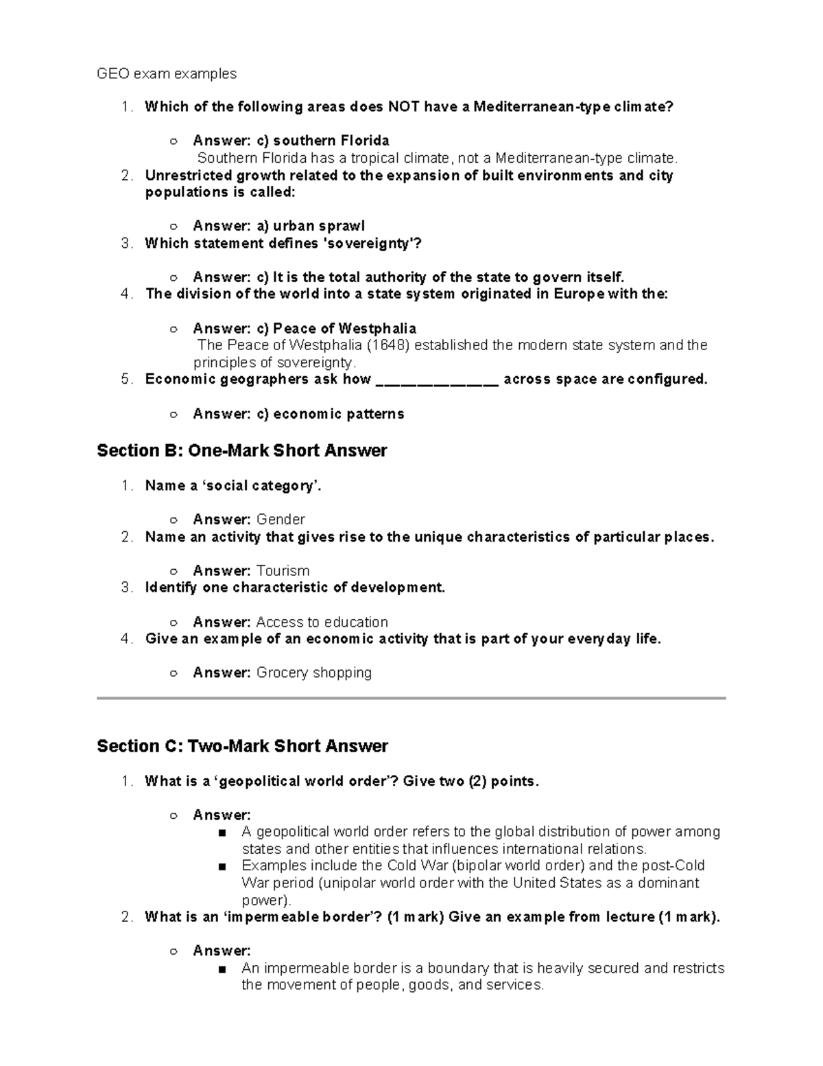 GEO exam - Notes - GEO exam examples 1. Which of the following areas ...