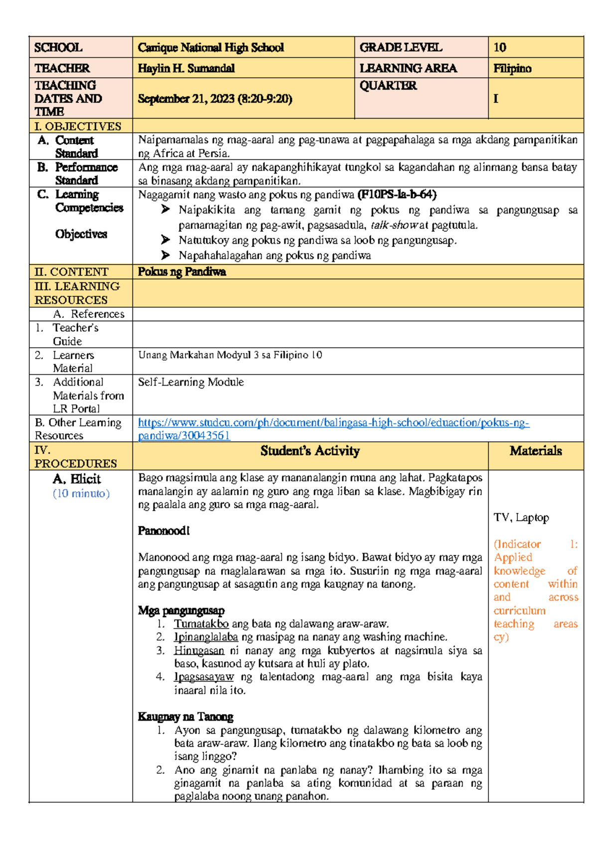 Grade 10 1ST COT - A LESSON PLAN - SCHOOL Canique National High School ...