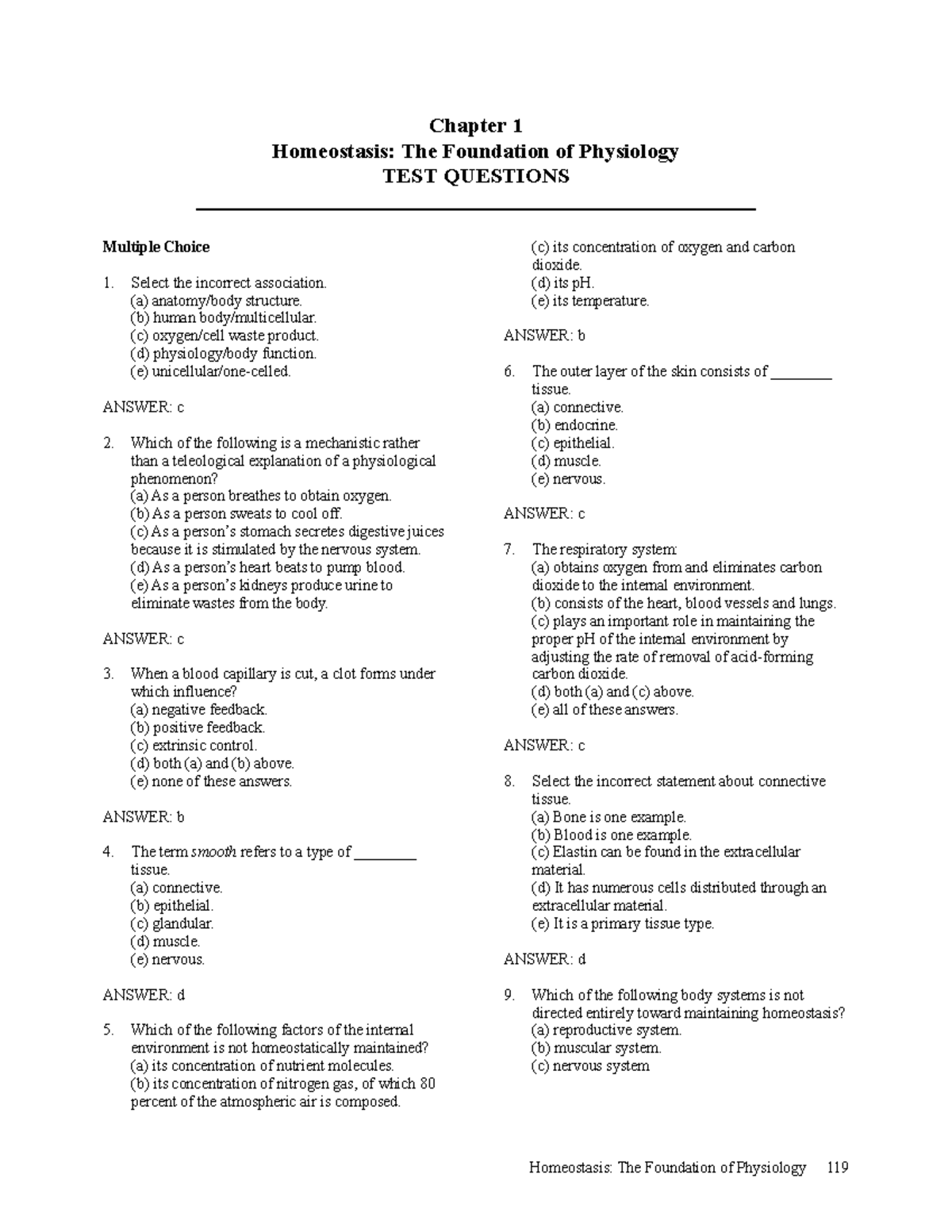 Exam February 2014, questions and answers - Chapter 1 Homeostasis: The ...