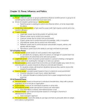 Chapter 13 Notes: Power, Influence, and Politics - Chapter 13: Power ...