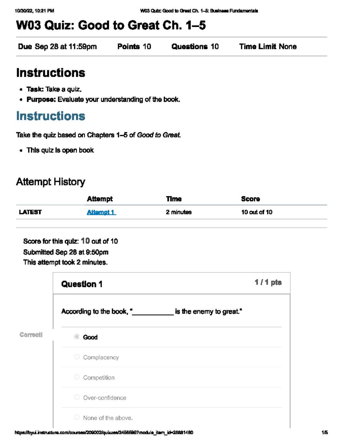 W03 Quiz - Good to Great Ch. 1–5 - B211 - BYU-Idaho - Studocu