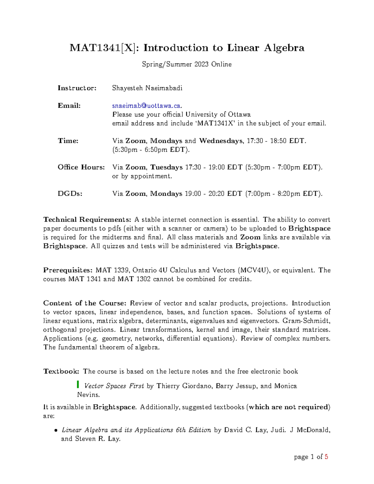 MAT1341 [X]-Syllabus-2023 - MAT1341[X]: Introduction to Linear Algebra Spring/Summer 2023 Online ...