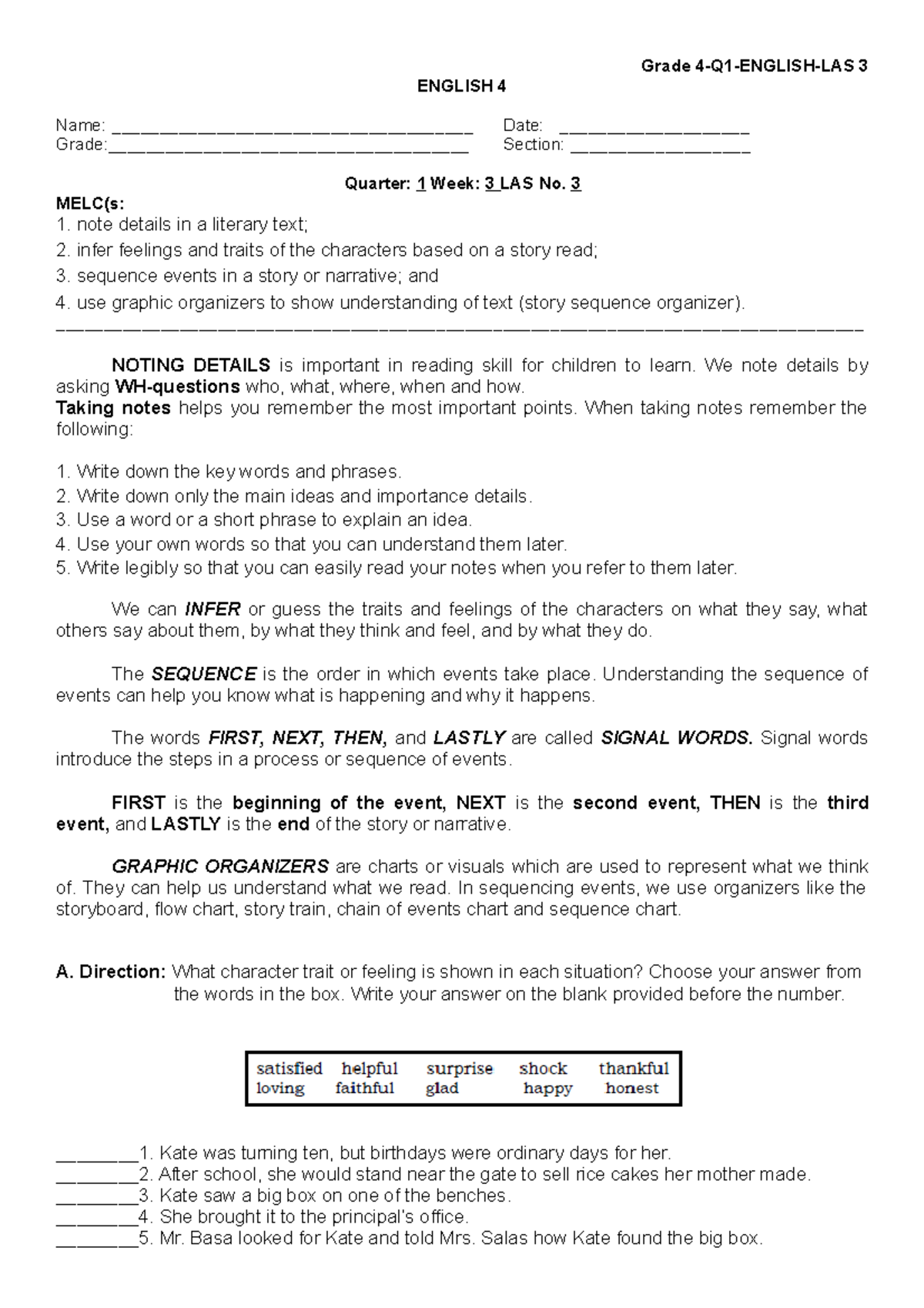 Grade 4 Q1 English LAS Week 3 - Grade 4-Q1-ENGLISH-LAS 3 ENGLISH 4 Name ...