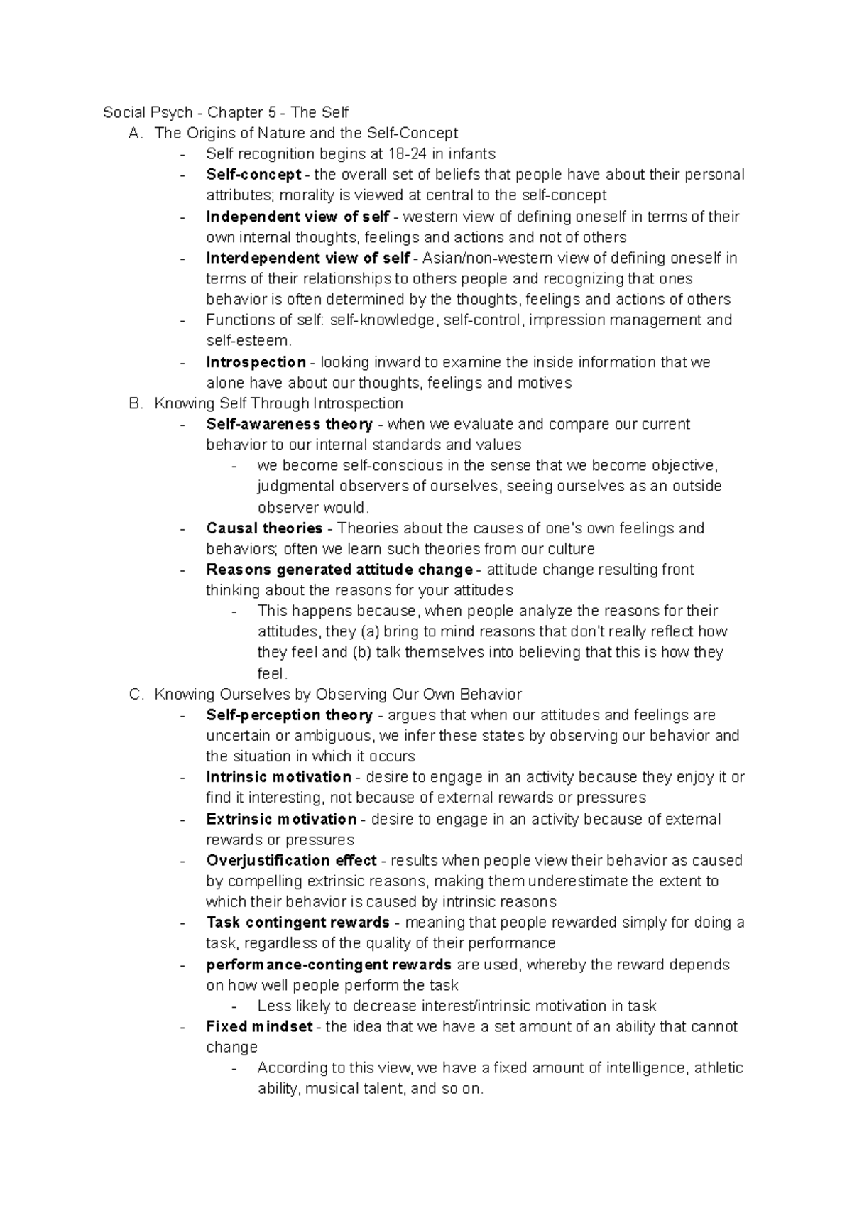 Social Psych - Chapter 5 - The Self - The Origins of Nature and the ...
