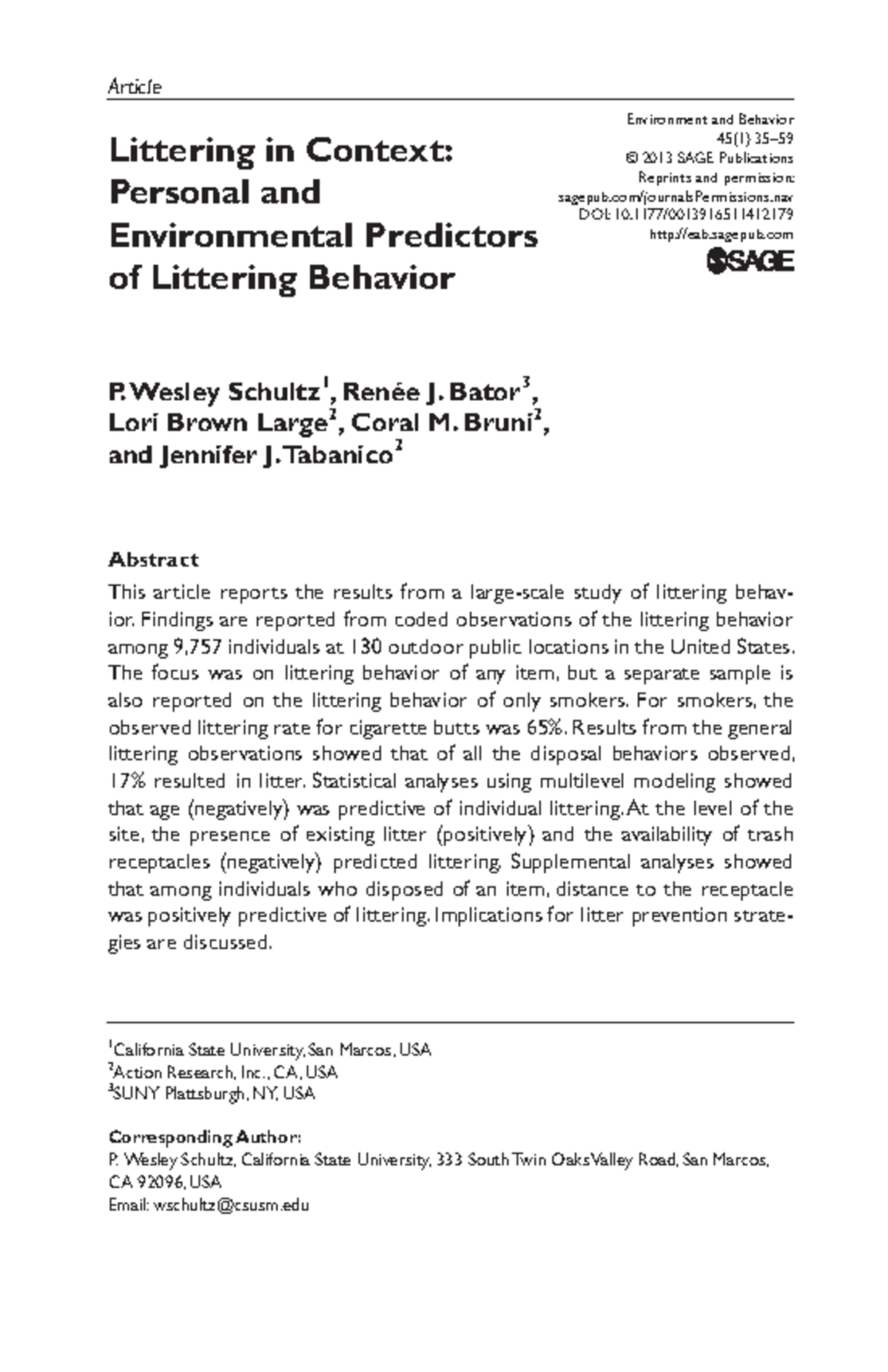 Littering in Context Personal and Environmental Predictors of Littering Behavior - Environment ...