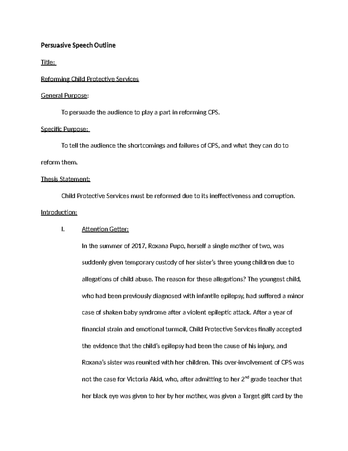 Persuasive Speech Example - Persuasive Speech Outline Title: Reforming ...