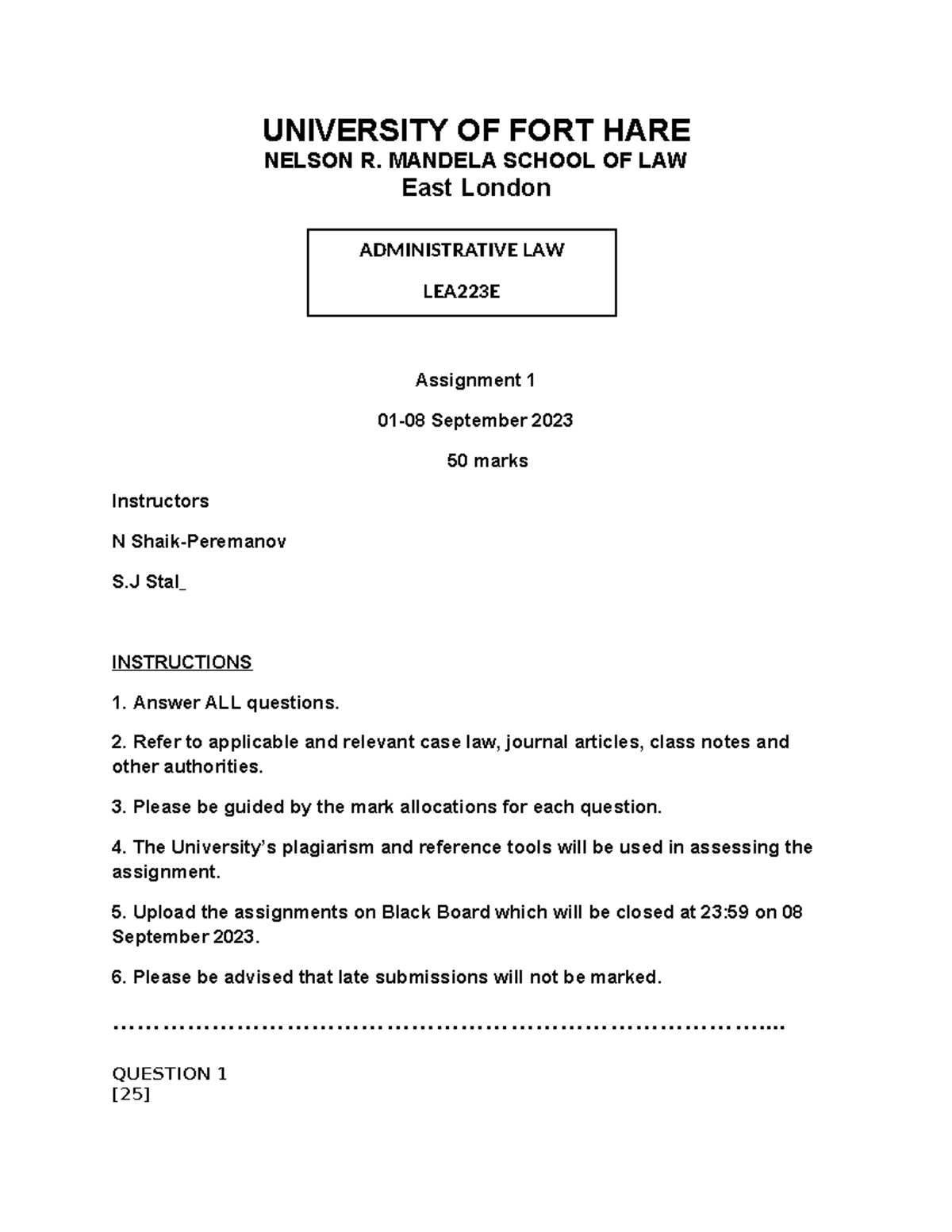 Administrative Law Assigment one Question 2023 NSP SS - UNIVERSITY OF FORT HARE NELSON R ...