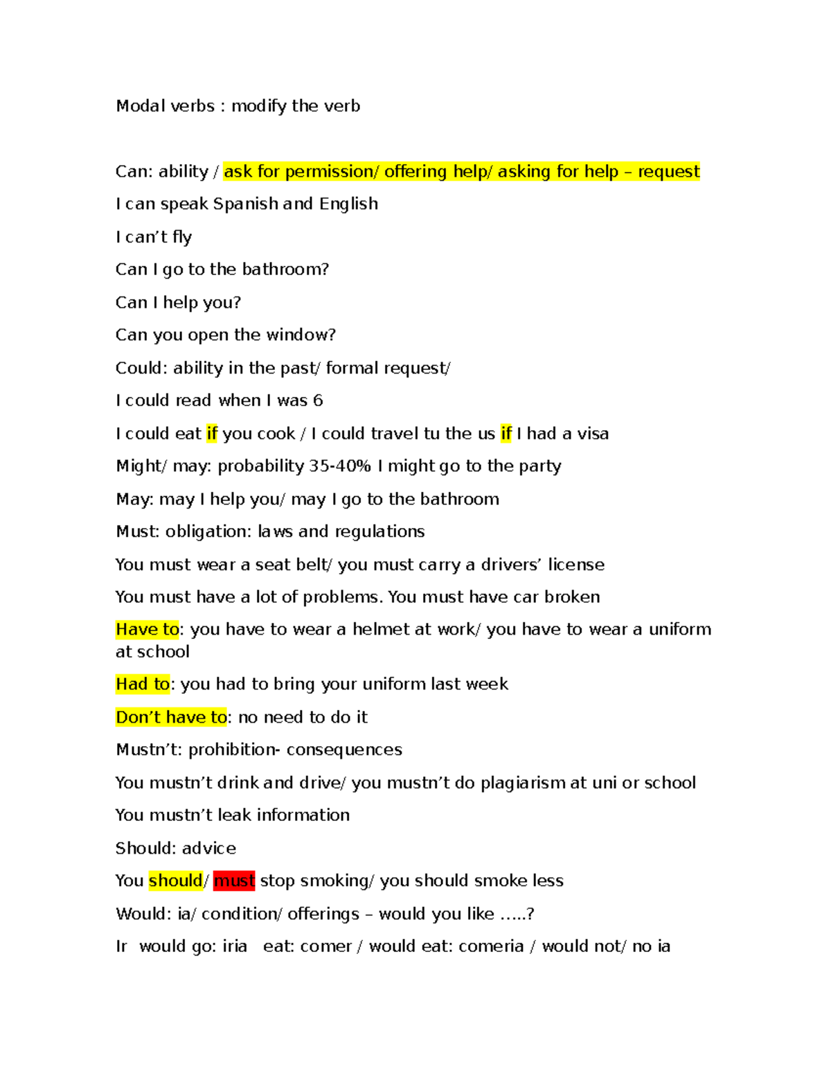 Modal verbs explanation - Modal verbs : modify the verb Can: ability ...
