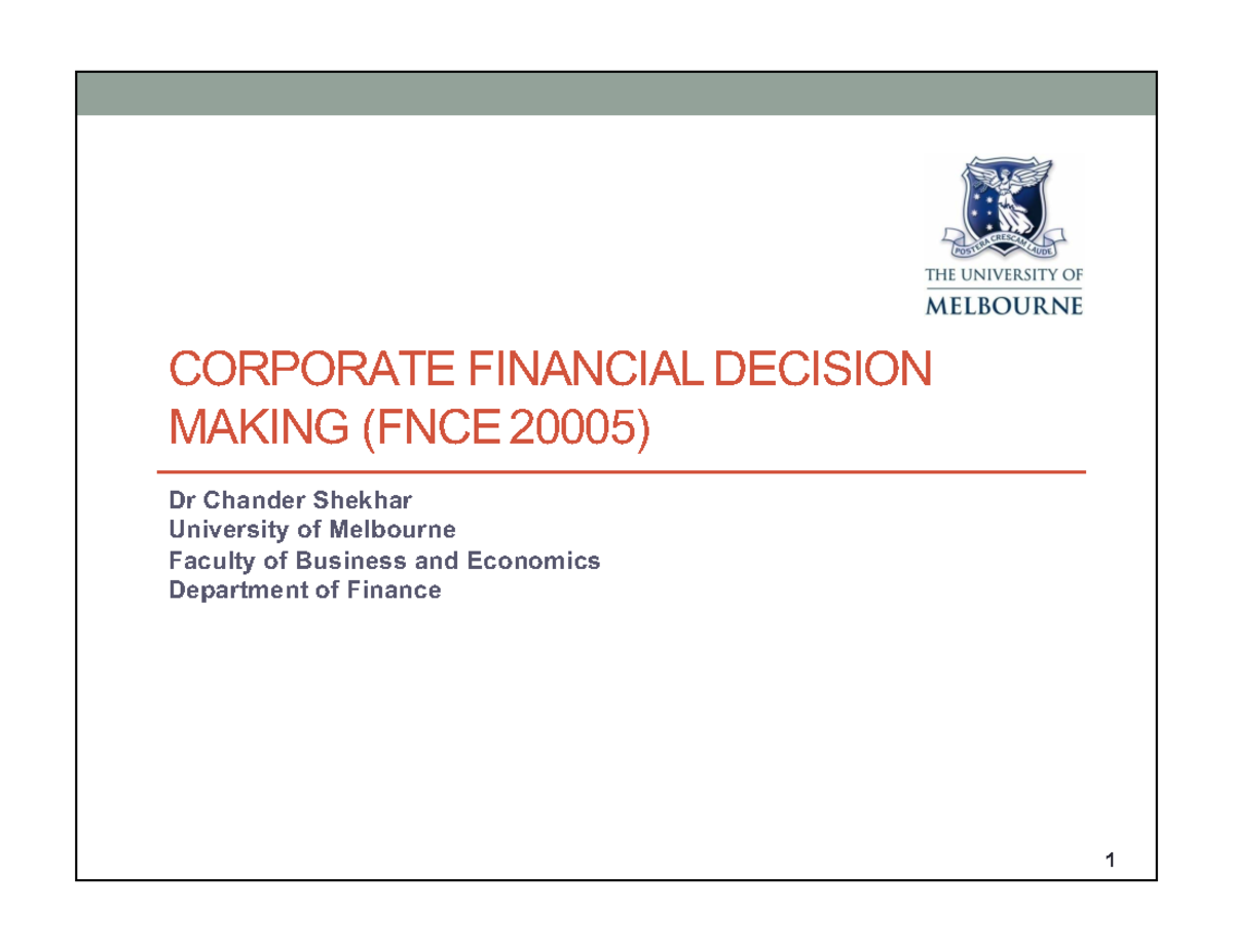 Lec7 FNCE2000 5 2023 - CFDM lec notes - FNCE20005 - Unimelb - Studocu
