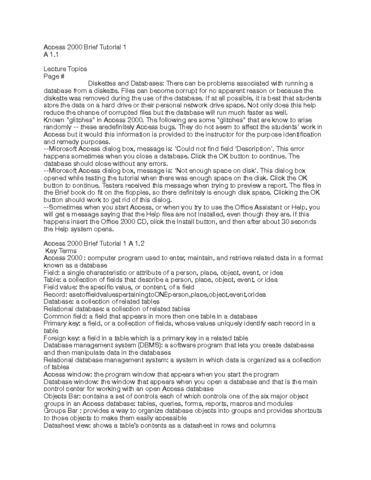 Access notes - Access 2000 Brief Tutorial 1 A 1. Lecture Topics Page ...