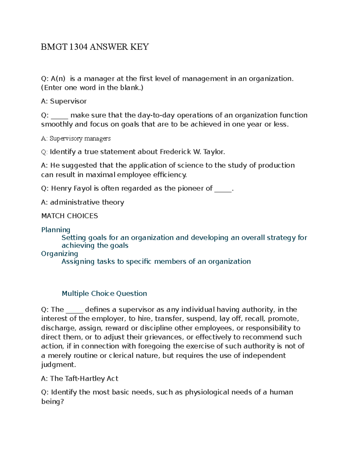 BMGT 1301 Chapter 1 - BMGT 1304 ANSWER KEY Q: A(n) is a manager at the ... BMGT 1301 Chapter 1 - BMGT 1304 ANSWER KEY Q: A(n) is a manager at the ...