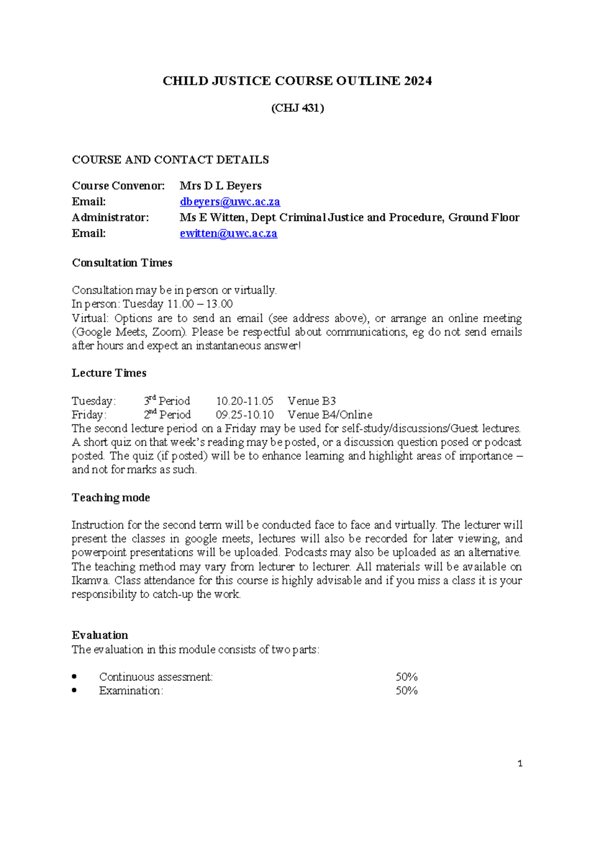 Child justice course outline 2024 - CHILD JUSTICE COURSE OUTLINE 2024 ...