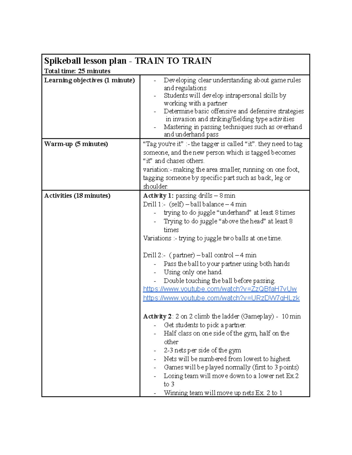 Dual Activities Lesson Plan - Spikeball lesson plan - TRAIN TO TRAIN ...