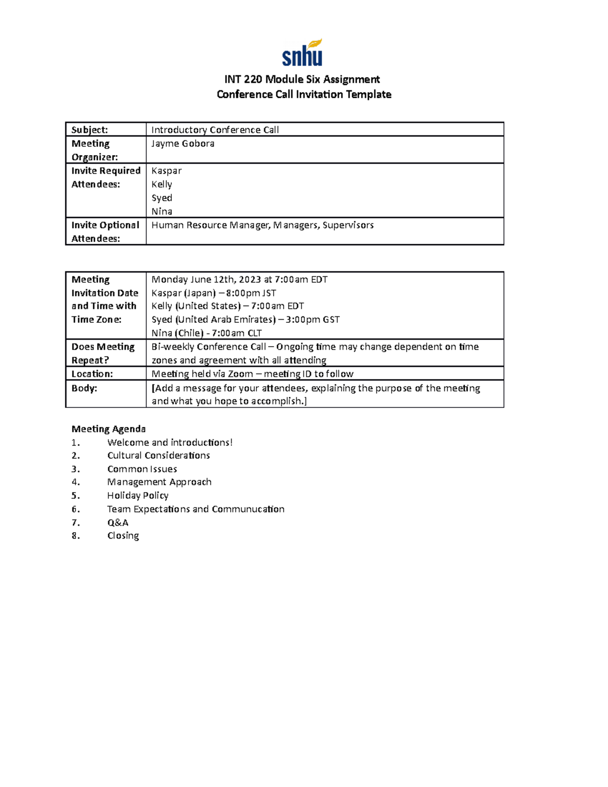 INT 220 Conference Call Invitation - INT 220 Module Six Assignment ...