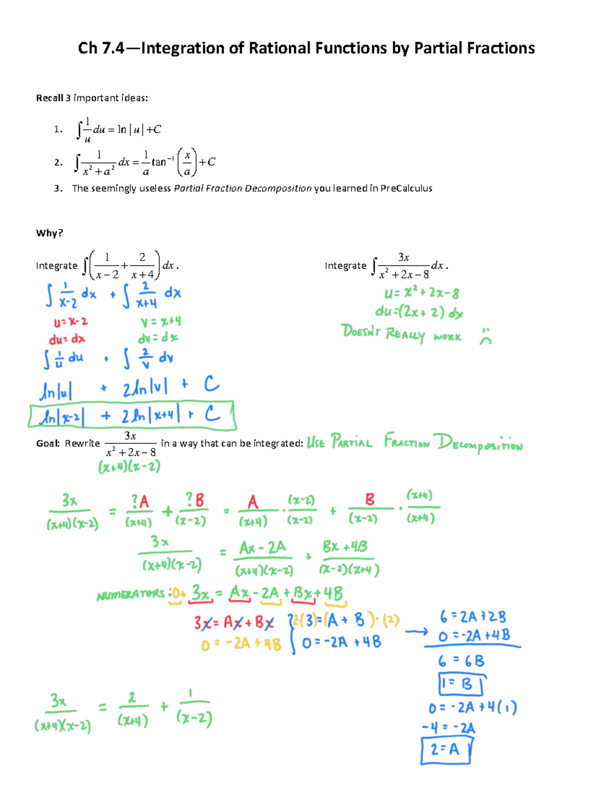 Ch 74-Integration by Partial Fractions (filled in) - Ch 7—Integration of Rational Functions by ...