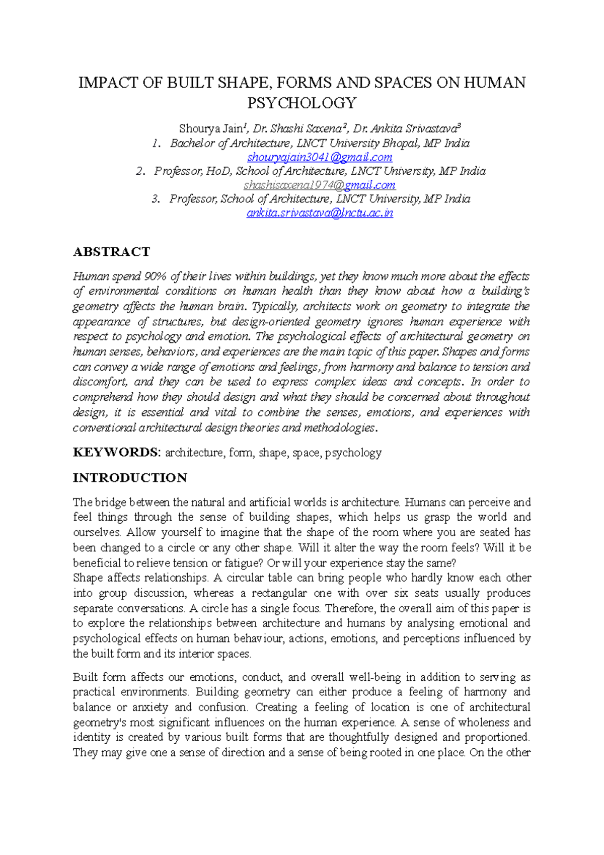 Impact OF Various FORM AND Space ON Human Psychology - IMPACT OF BUILT ...