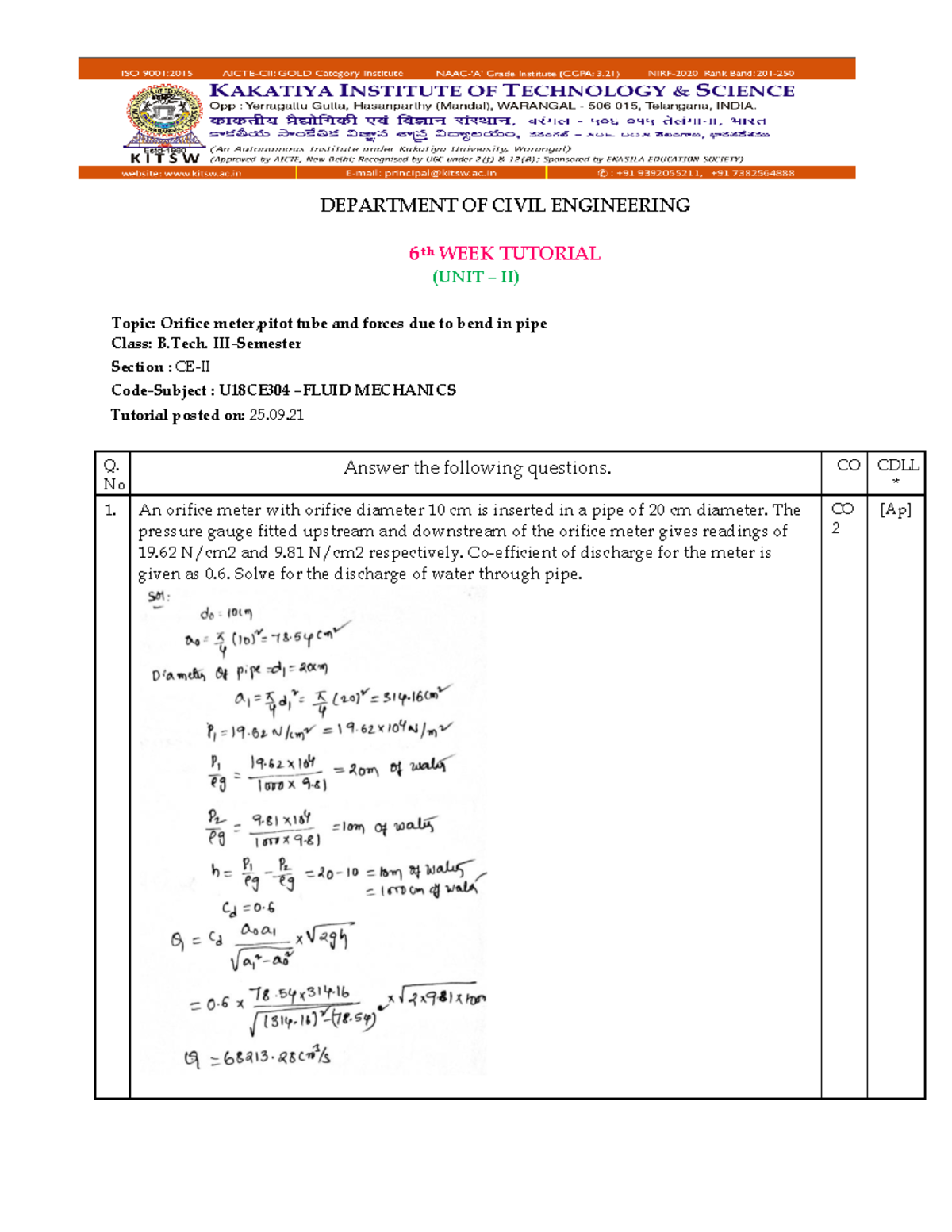 FM W6 Tutorial sol - Notes - DEPARTMENT OF CIVIL ENGINEERING 6 th WEEK ...