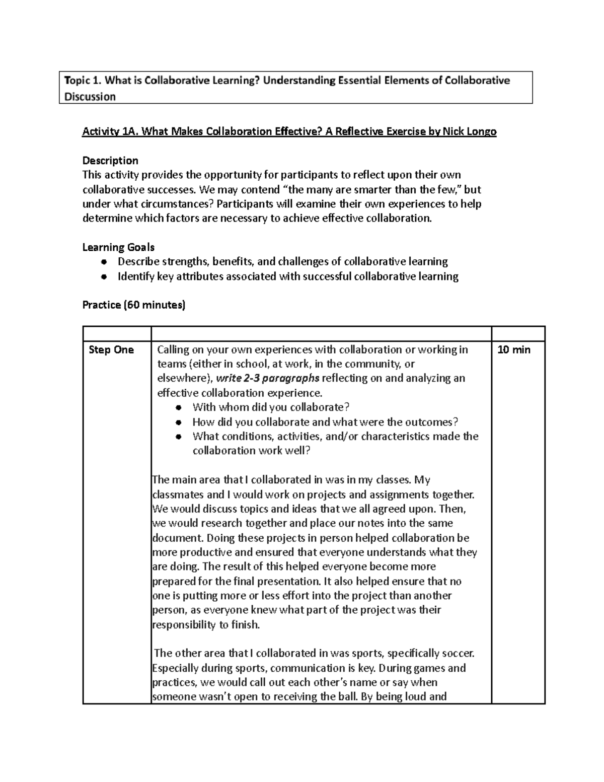 IF Module 1 Activity 1A - Activity 1A. What Makes Collaboration Effective? A Reflective Exercise ...