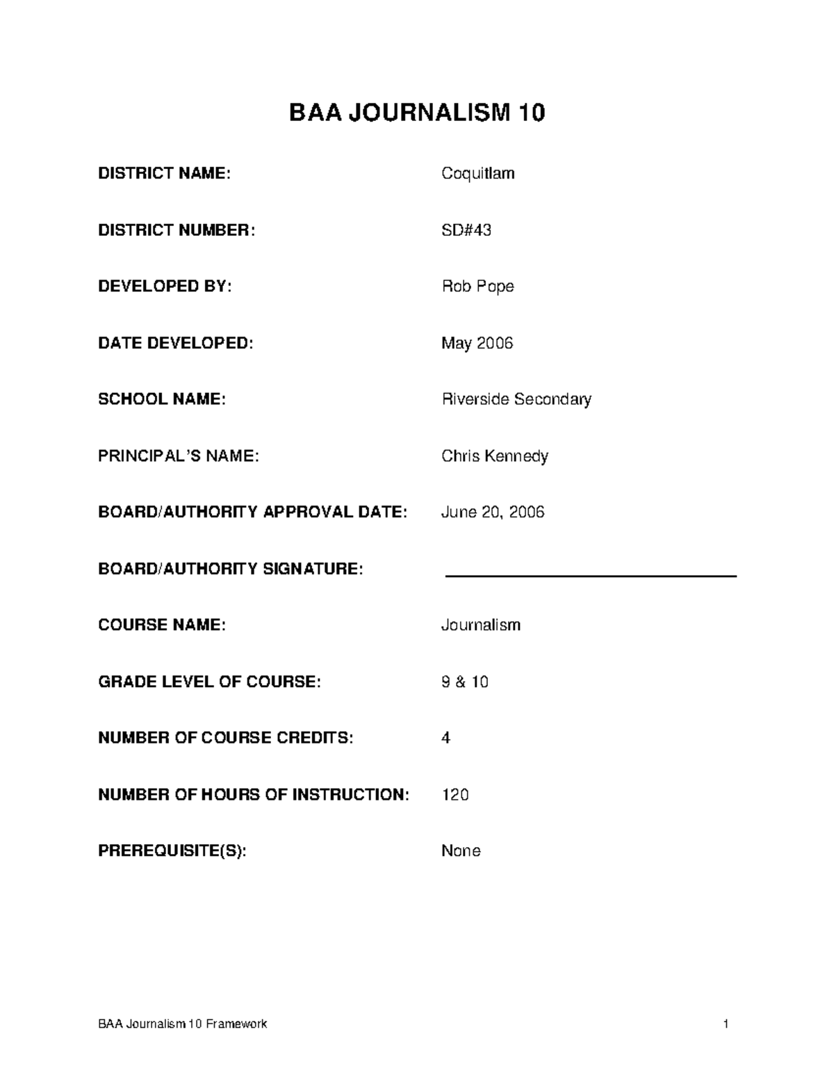 Journalism Curriculum - BAA JOURNALISM 10 DISTRICT NAME: Coquitlam ...