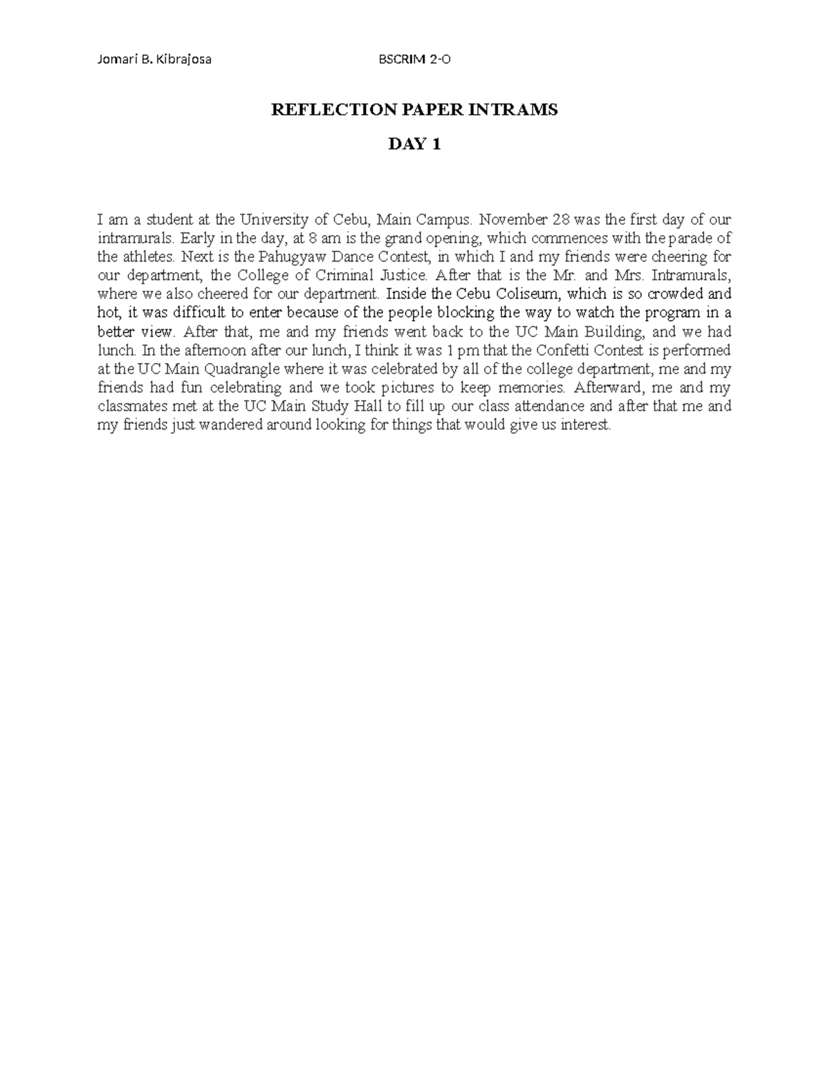 Jom 1 - Journal - Jomari B. Kibrajosa BSCRIM 2-O REFLECTION PAPER ...