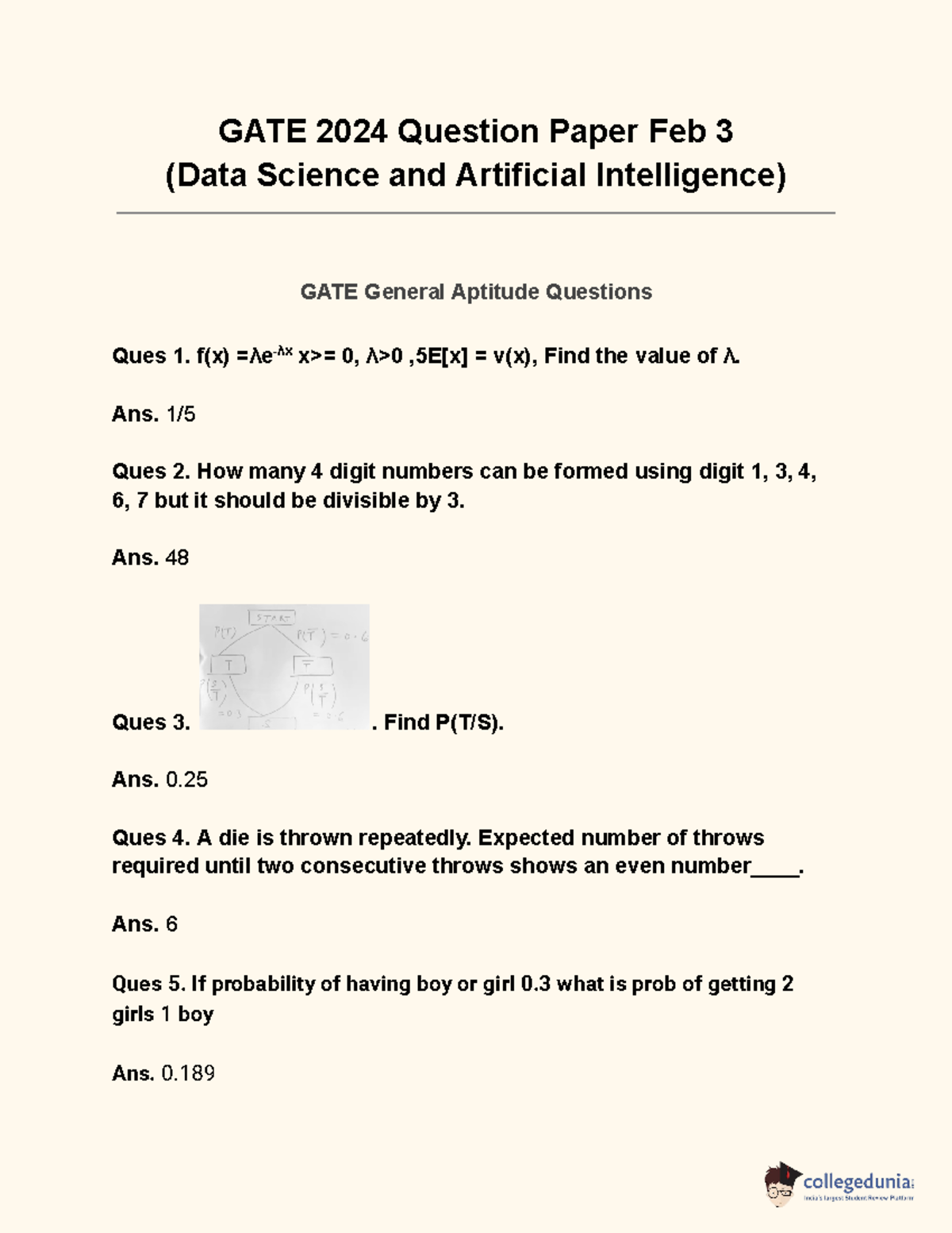 GATE 2024 Data Science and Artificial Intelligence Question Paper Feb 3 ...