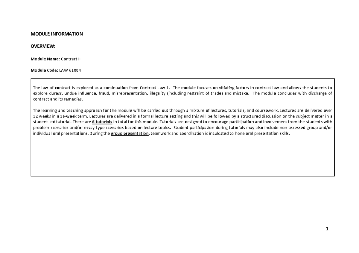 Module Information - Contract Law II - MODULE INFORMATION OVERVIEW ...