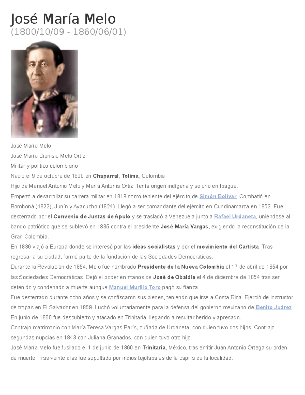 Biografia de Jose Maria Melo - José María Melo (1800/10/09 - 1860/06/01 ...