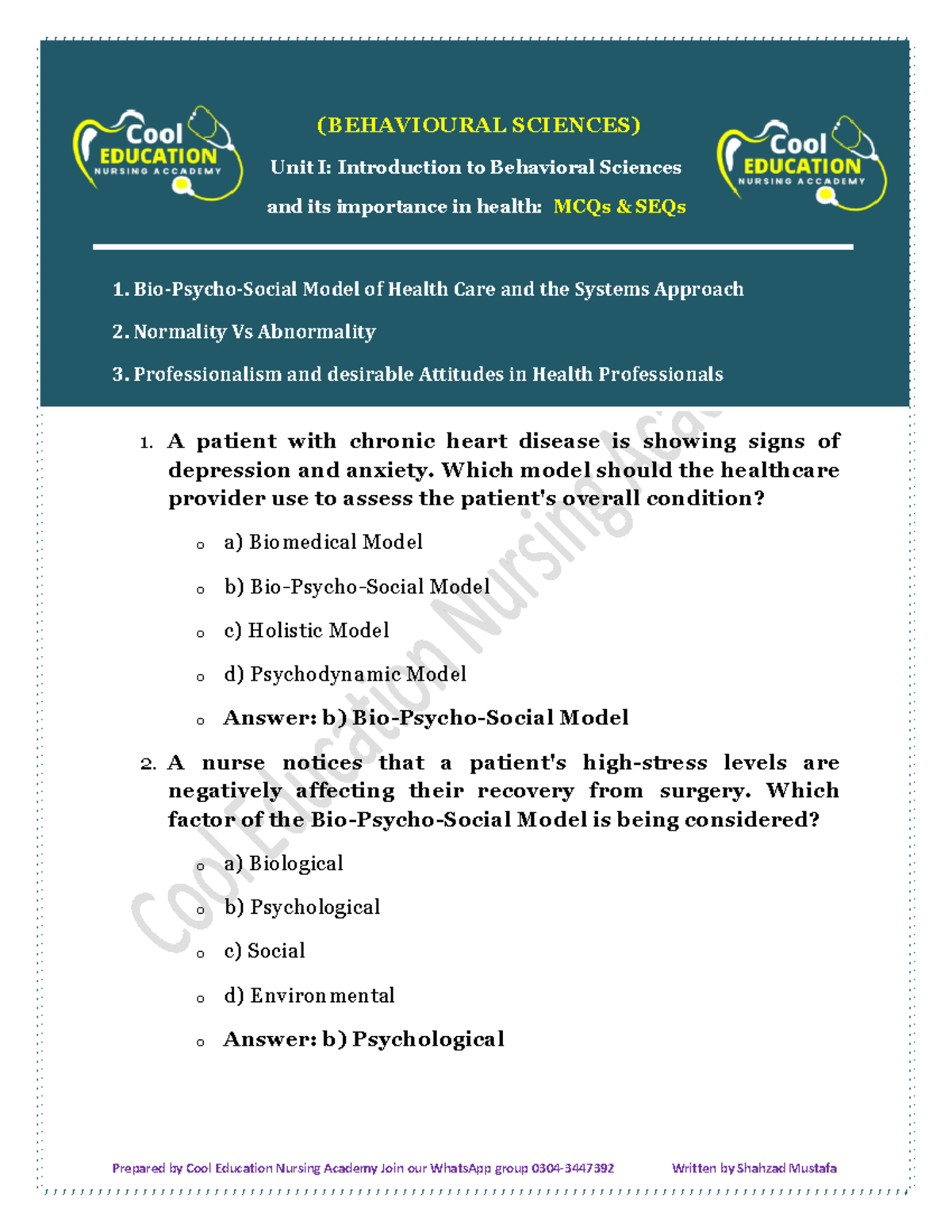 Behavioral Sciences Unit 01 MCQs & SEQs by Cool Education ...