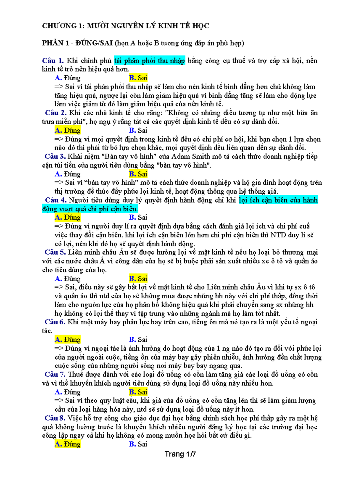 Trắc nghiệm KTVM chương 1 - CHƯƠNG 1: MƯỜI NGUYÊN LÝ KINH TẾ HỌC PHẦN 1 ...