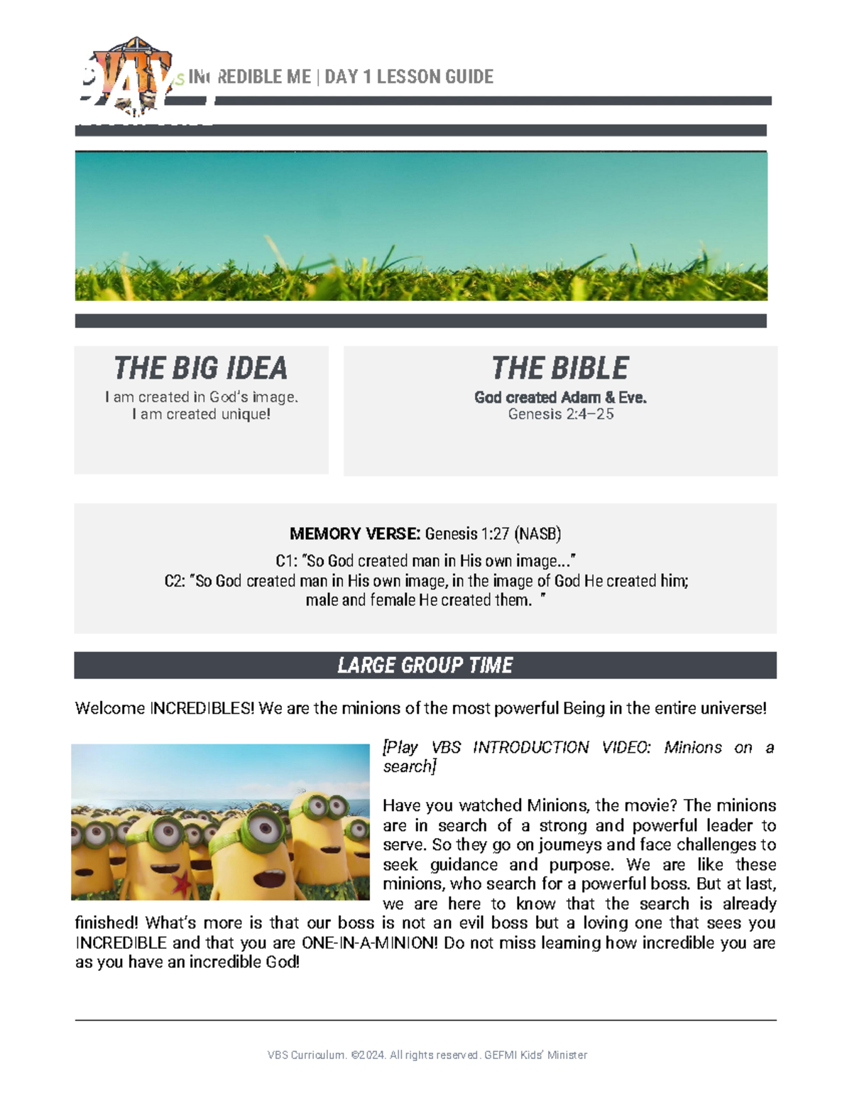 Lesson 1 - ...... - MEMORY VERSE: Genesis 1:27 (NASB) C1: “So God ...