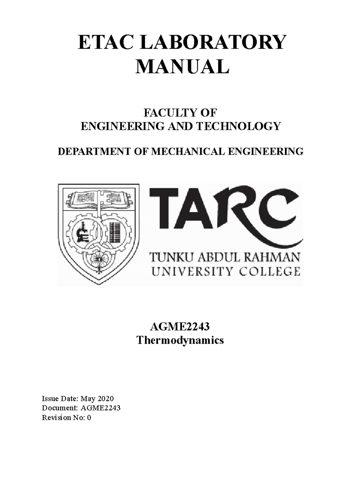 Thermodynamics Lab 1 Report - ETAC LABORATORY MANUAL FACULTY OF ...
