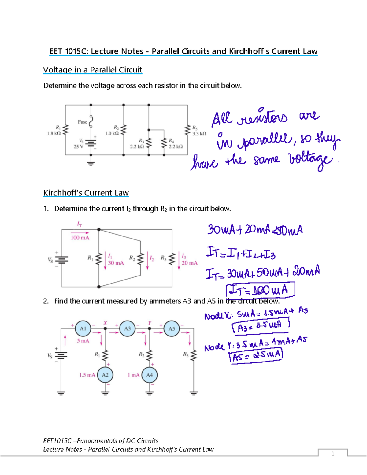 Eet 1015c Lecture Notes Parallel Circuits And Kirchhoffs Current Law Eet1015c Fundamentals