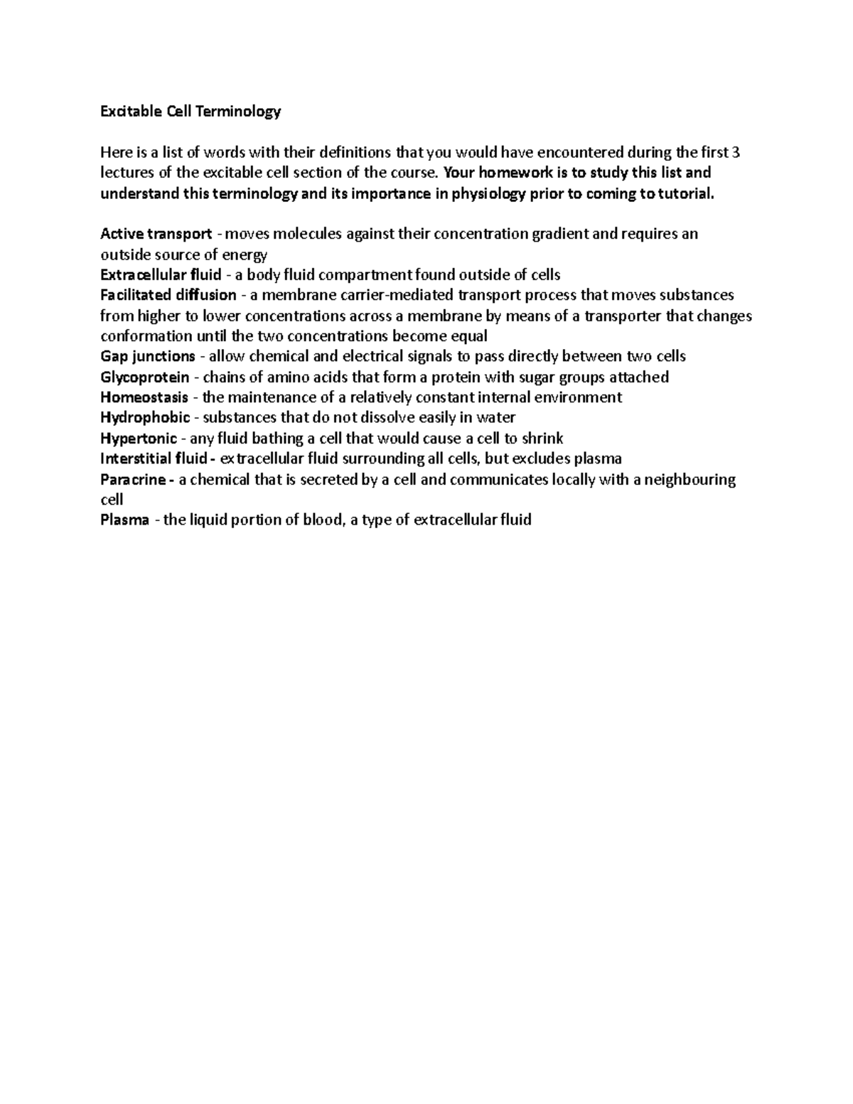 List+of+Terms+for+1021 - Excitable Cell Terminology Here is a list of ...