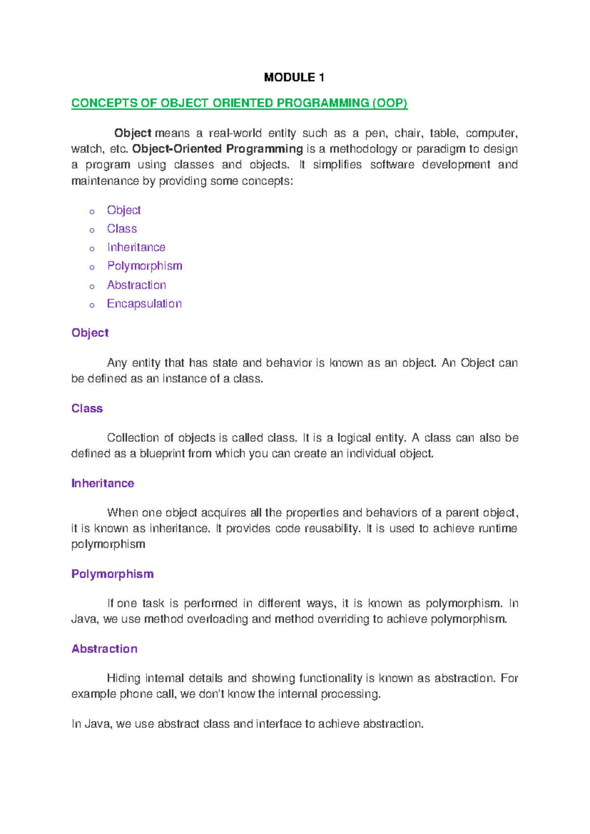 Java Module 1 Lecture Notes Module 1 Concepts Of Object Oriented Programming Oop Object 9519