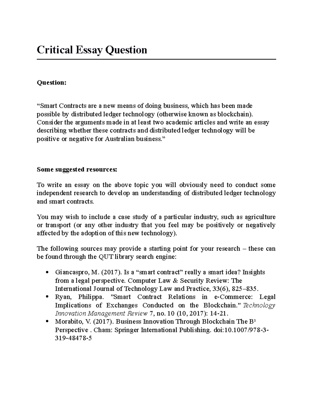 Critical Essay Question 2018 Final(1) - Critical Essay Question ...
