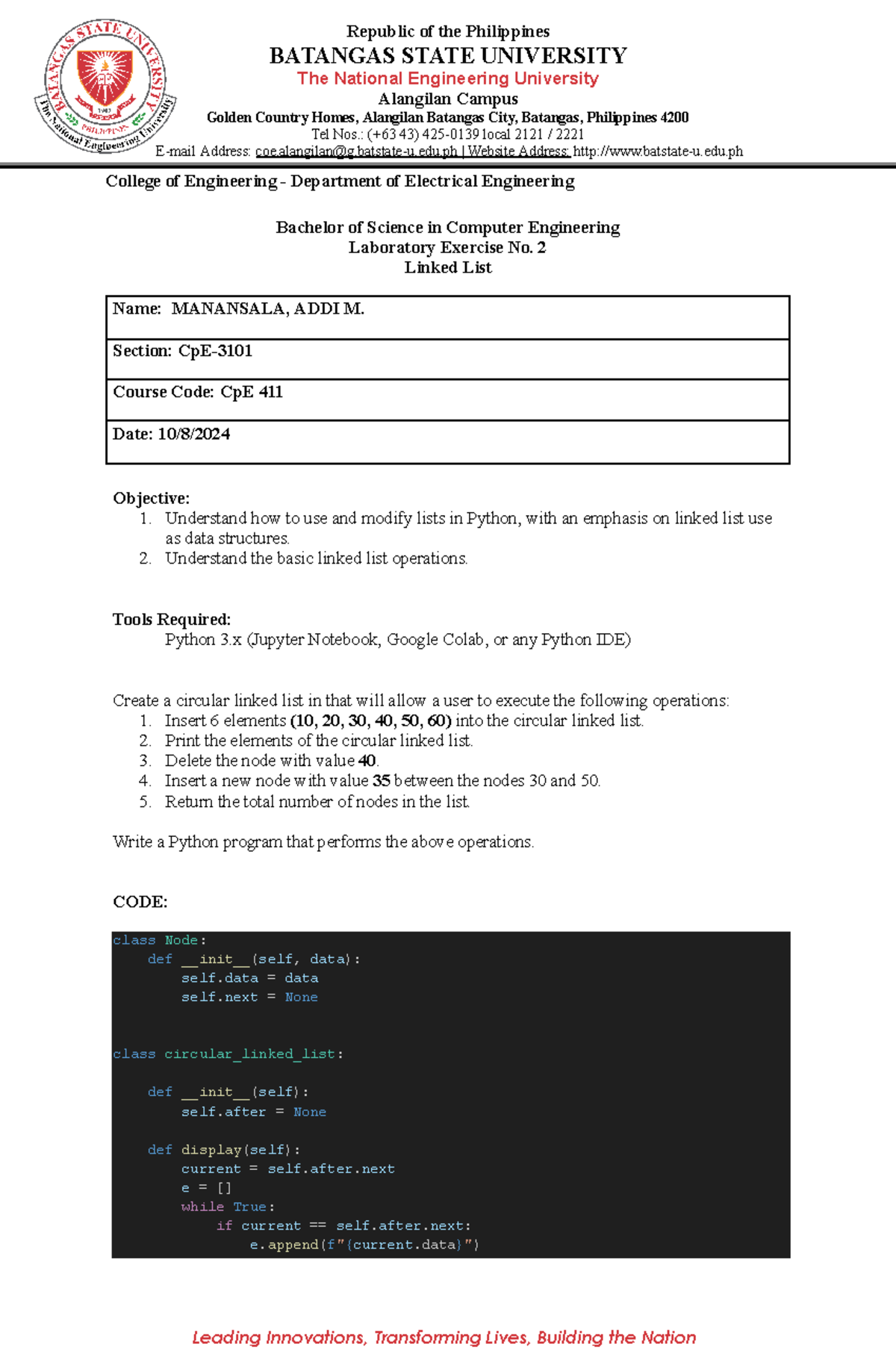 Data Structures Linked Lists - Republic of the Philippines BATANGAS ...