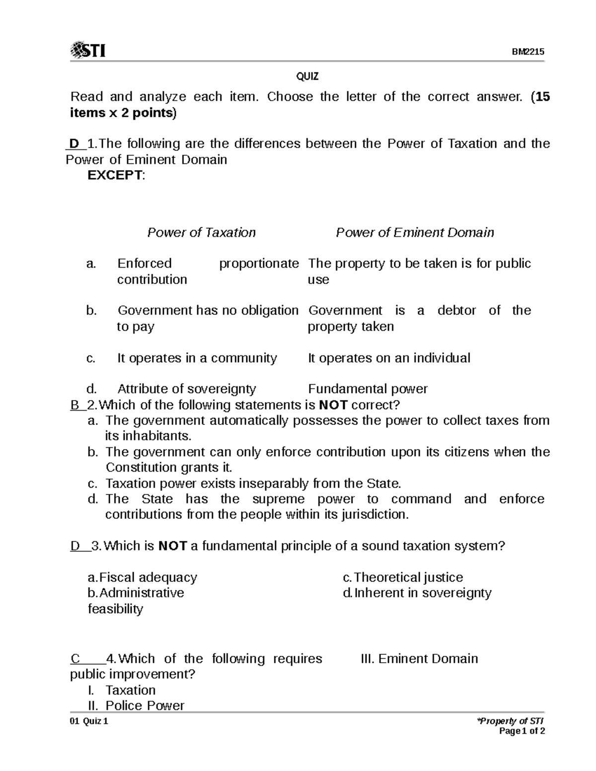 01 Quiz 1 Prelim Jugar - BM *Property of STI Page 1 of 2 01 Quiz 1 QUIZ ...