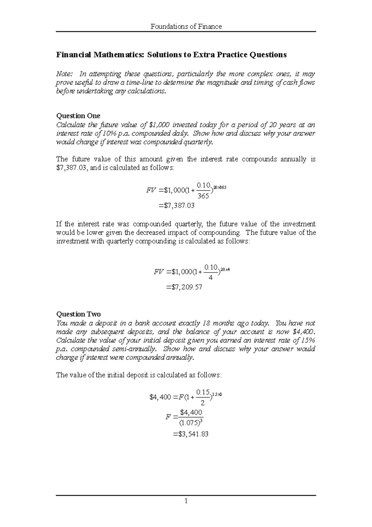 Extra Financial Maths Practice Questions Solutions - Foundations of ...