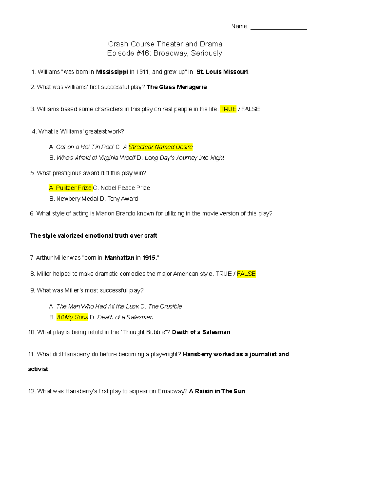 Crash Course Episode #46 - Name: _________________ Crash Course Theater ...