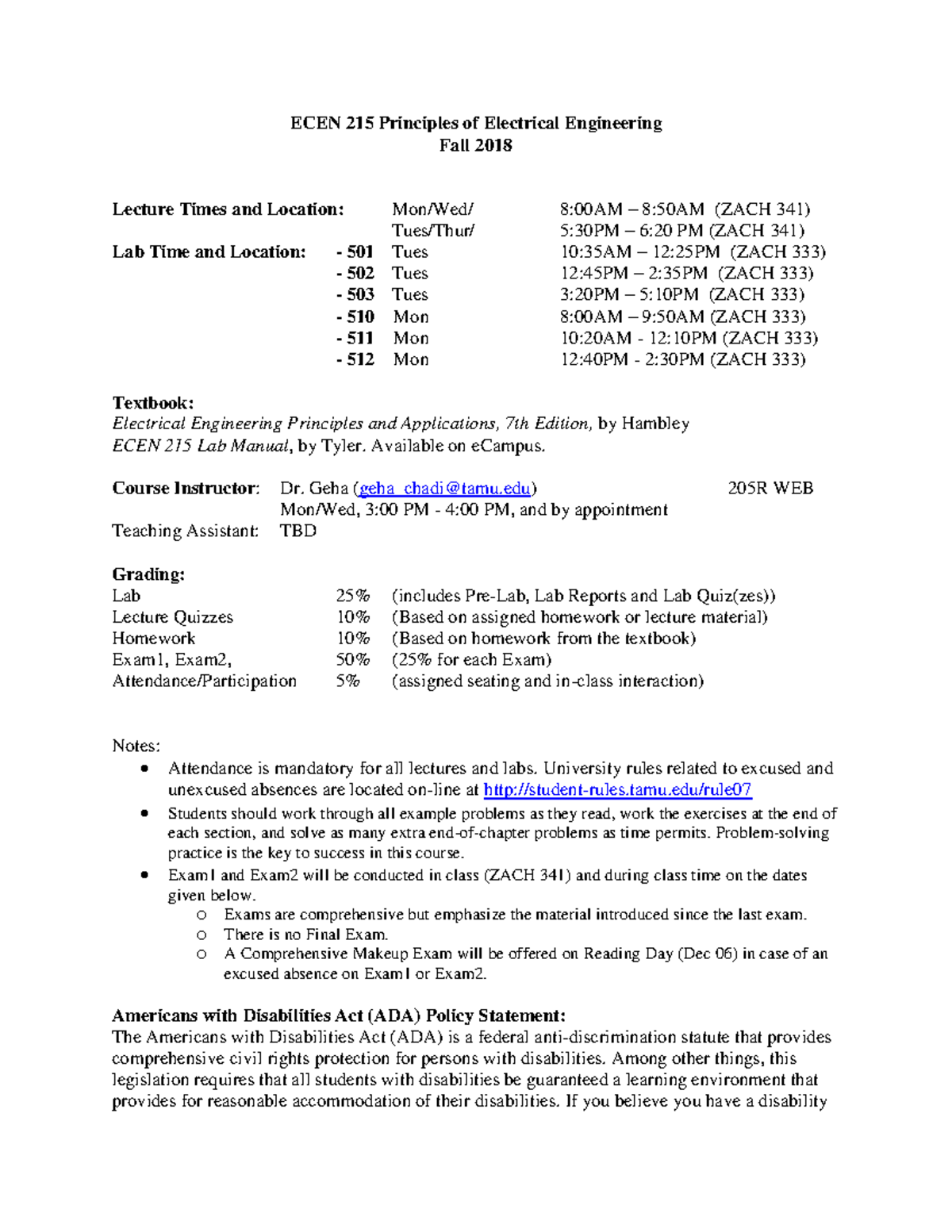ECEN215 Fall2018 Ghea - syllabus - ECEN 215 Principles of Electrical ...