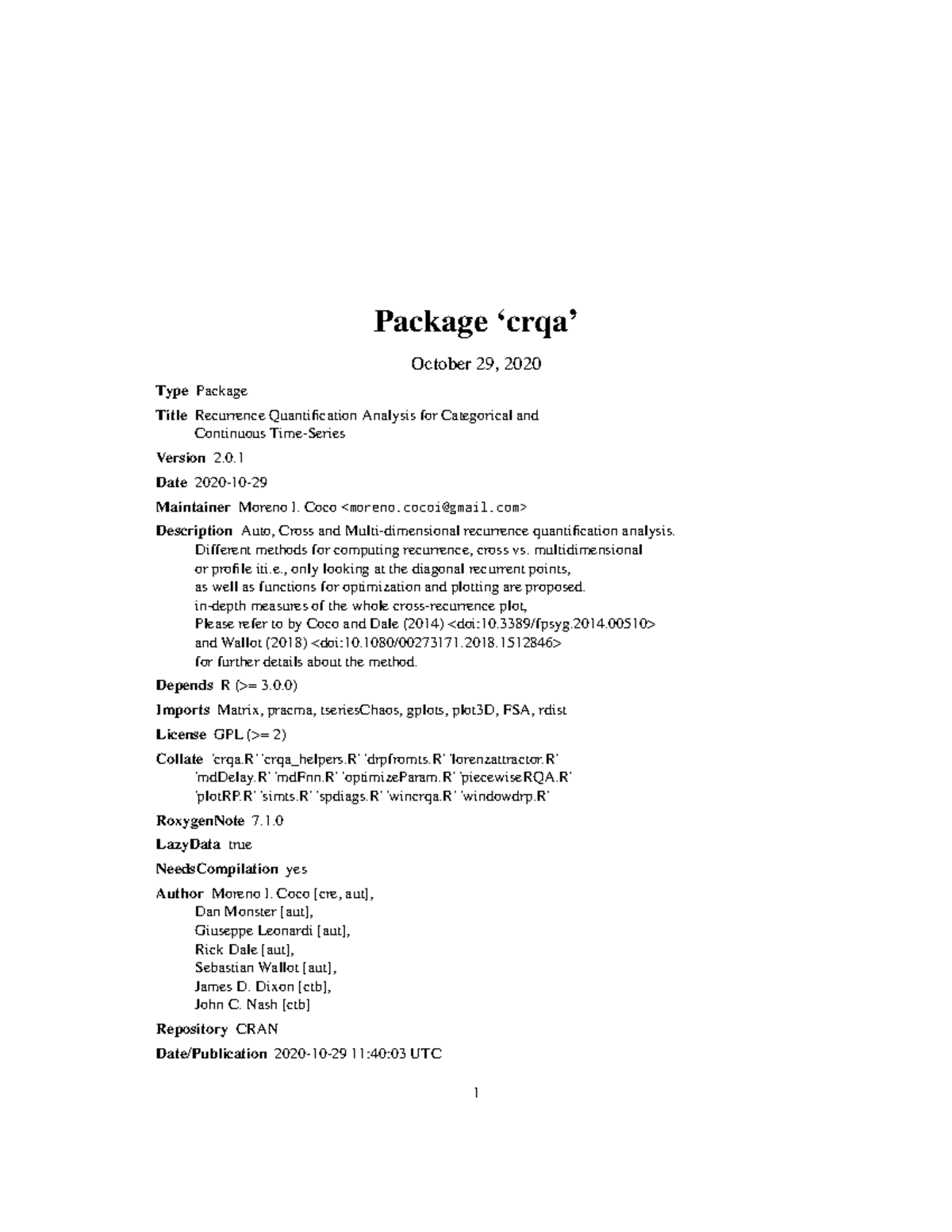 Crqa Recurrence Quantification Analysis Methods And Program