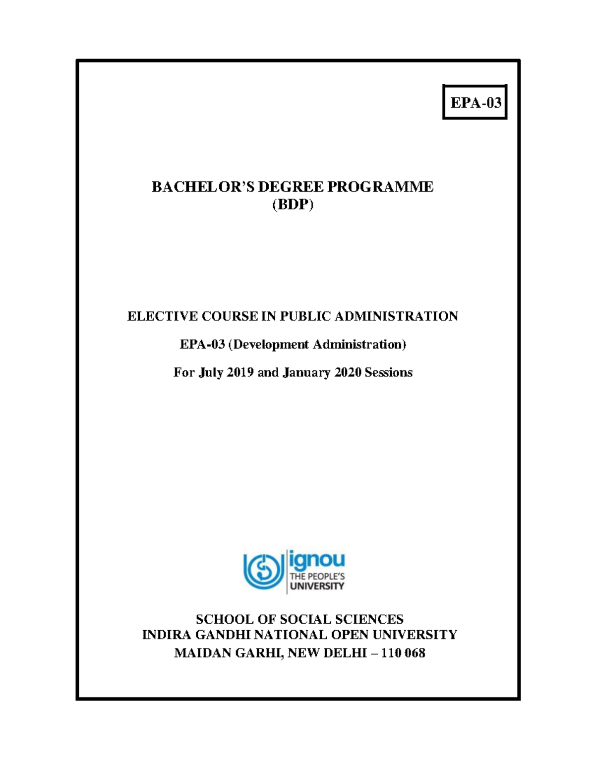 EPA-03 2019-20 English-revised 1 - EPA- BACHELOR’S DEGREE PROGRAMME (BDP) ELECTIVE COURSE IN ...