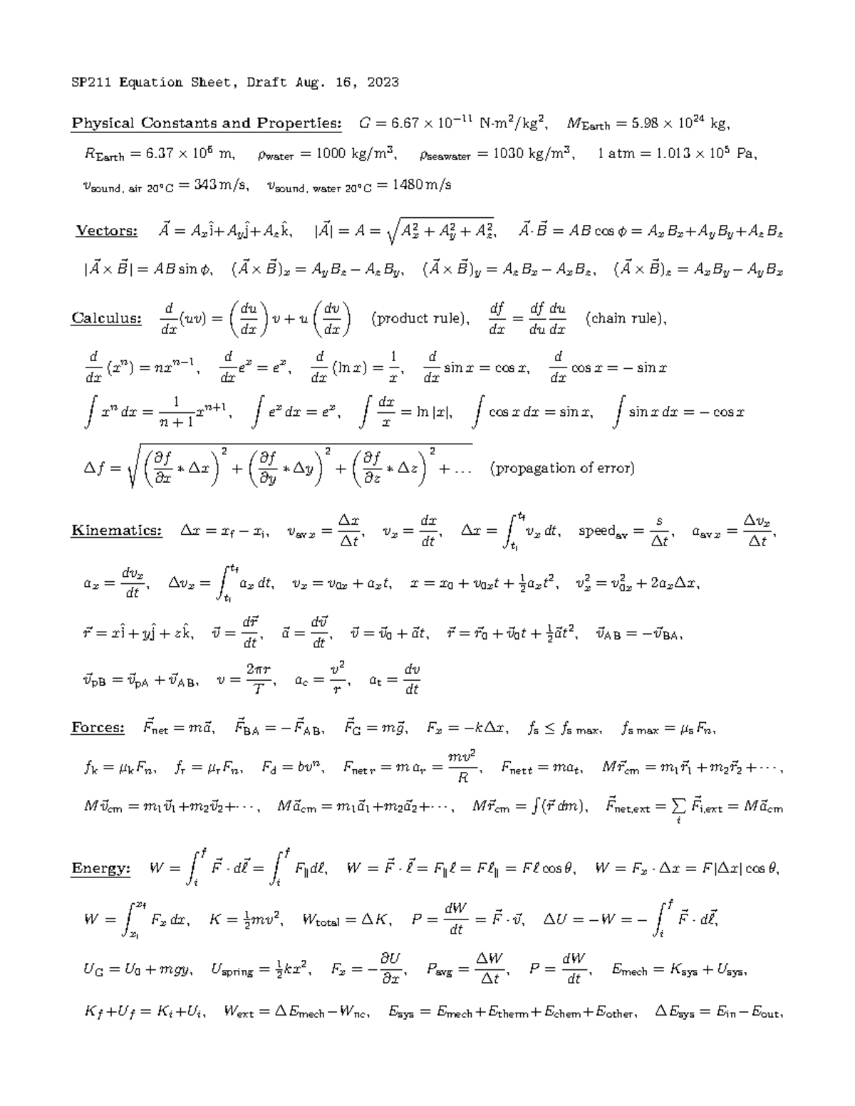 Equation-sheet SP211 Fall2023 - SP211 Equation Sheet, Draft Aug. 16 ...