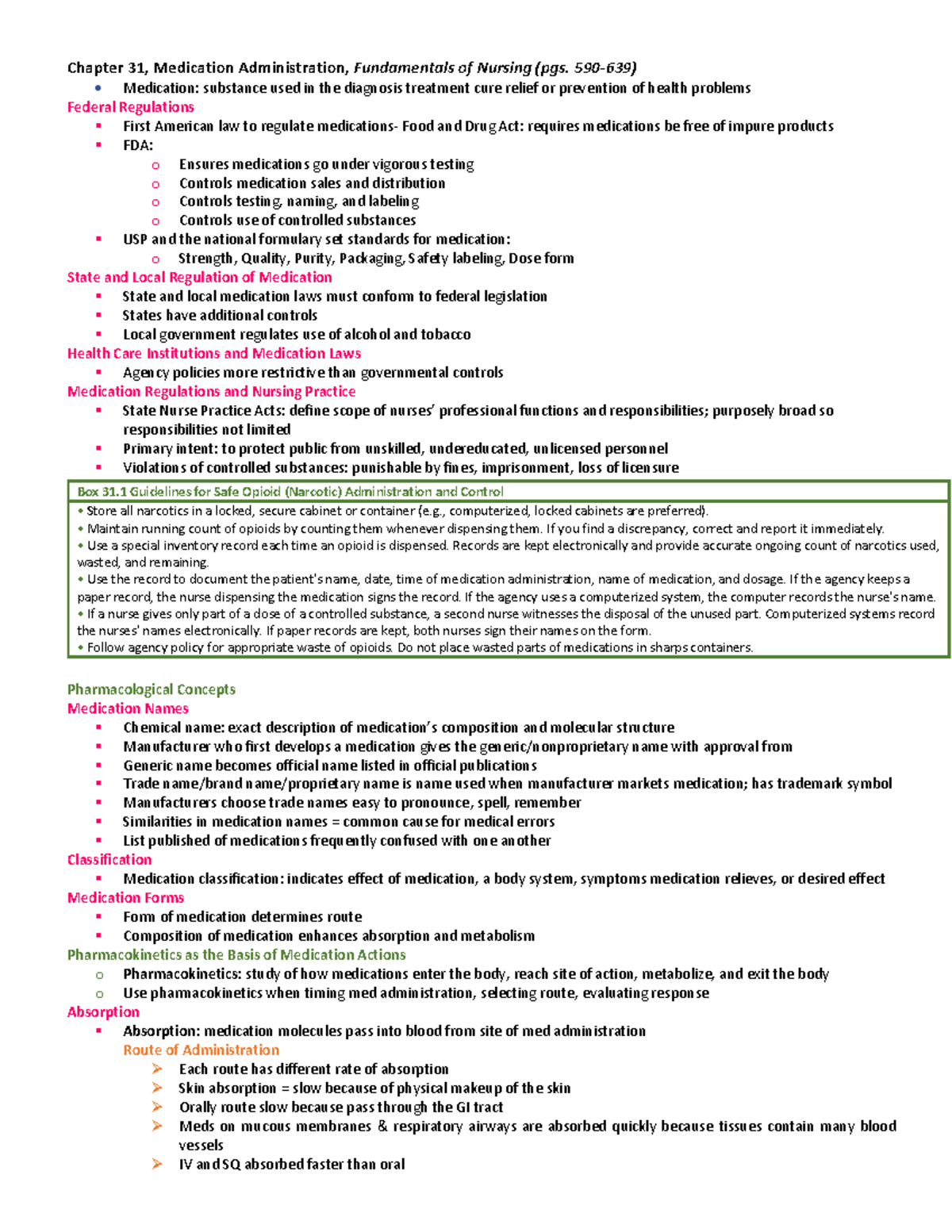 Ch 31 Med Admin Study Notes - Chapter 31, Medication Administration ...