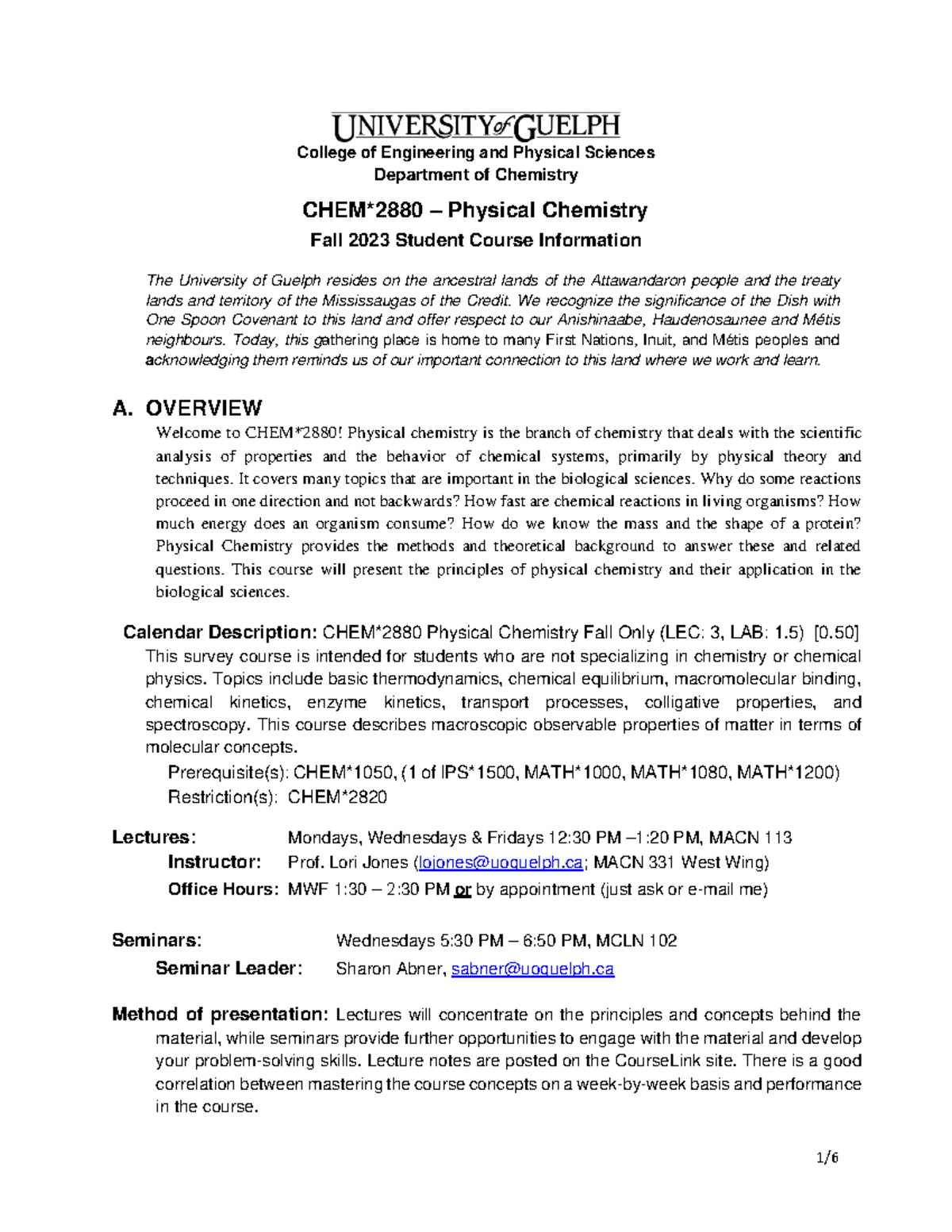 F23 CHEM2880 outline - Lecture, textbook requirement, assessments, and ...