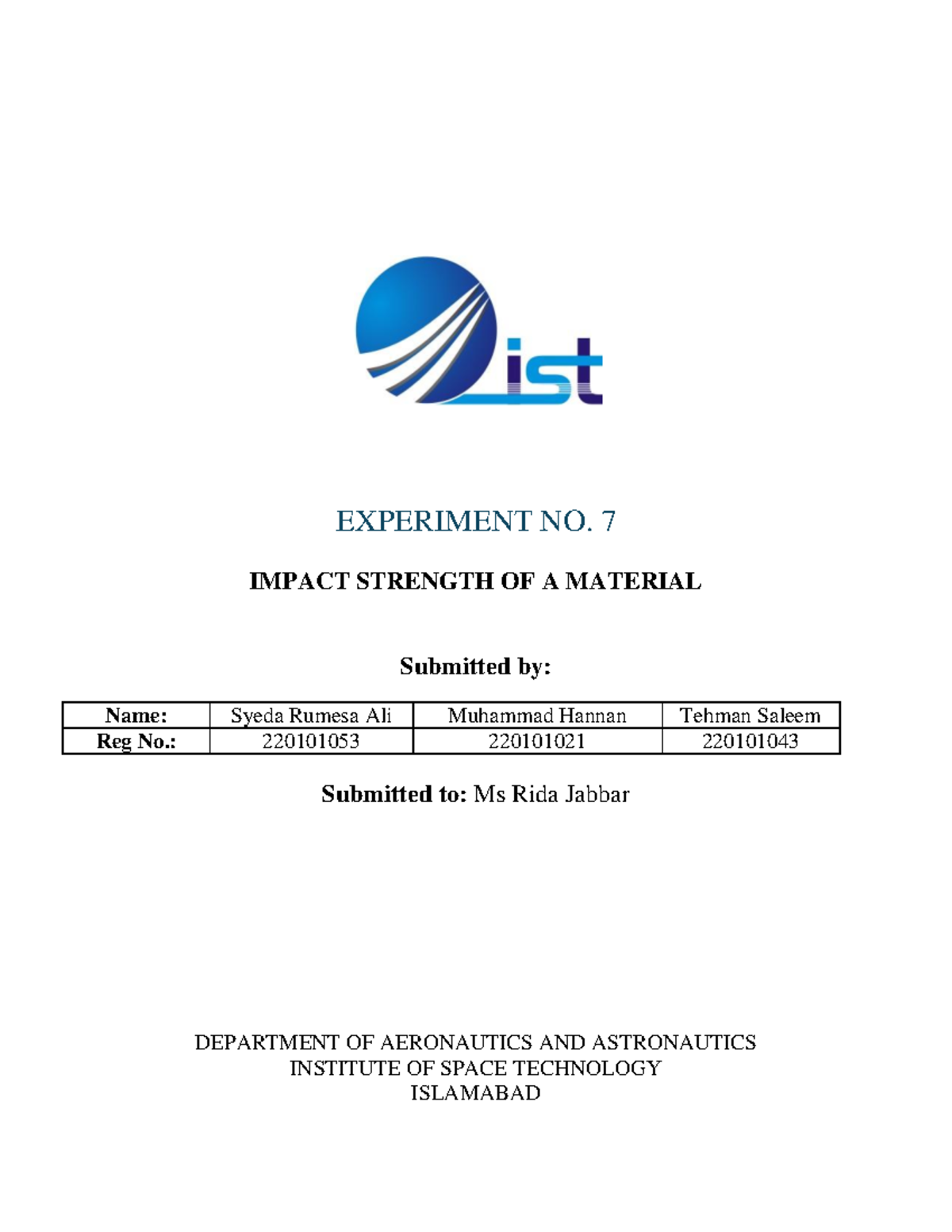 Impact testing - EXPERIMENT NO. 7 IMPACT STRENGTH OF A MATERIAL ...