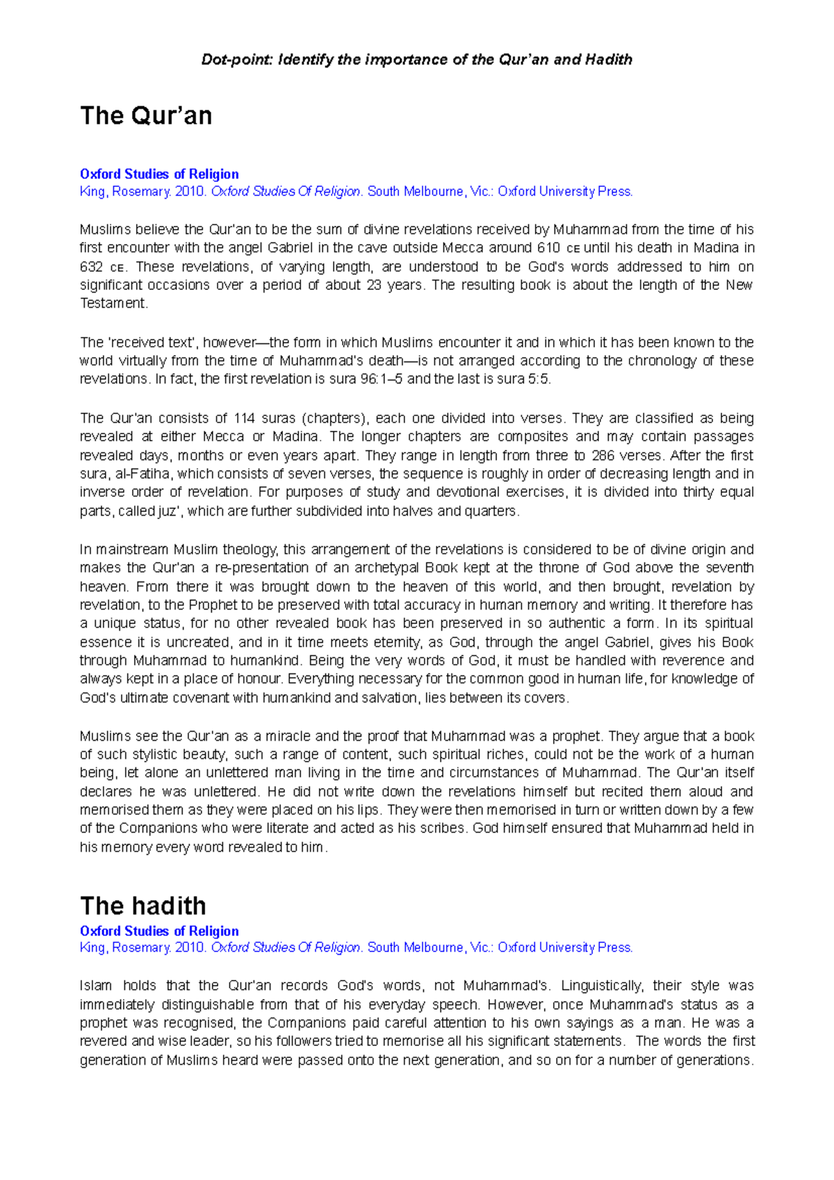 8. Oxford Excerpt - Sacred Texts of Islam - Dot-point: Identify the ...
